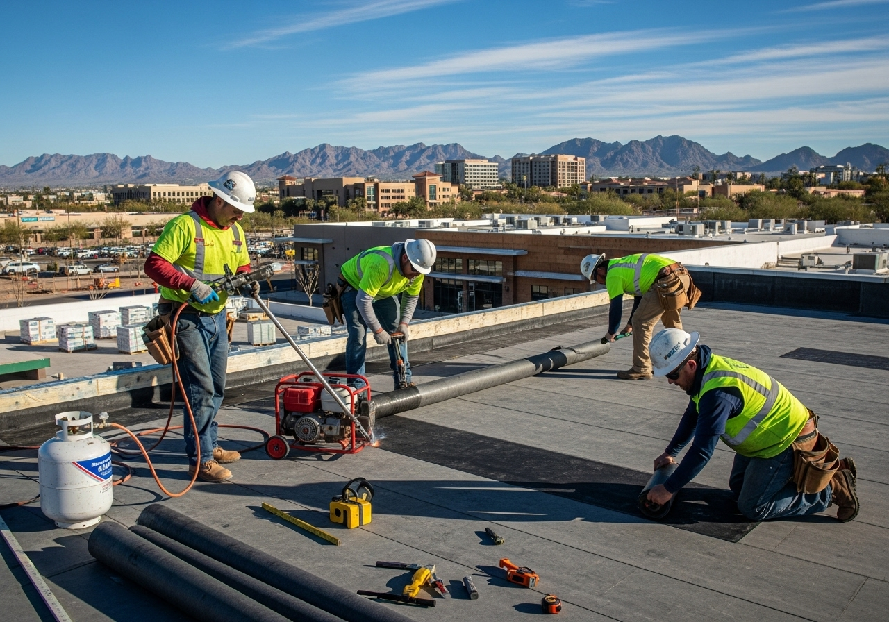 Professional roofing team installing flat roof in Scottsdale